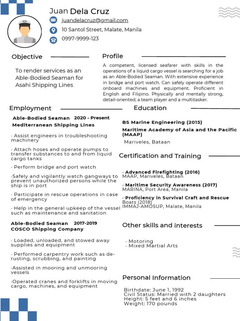 Sample Seafarer Resume | Download Free PDF | Sailor | Port