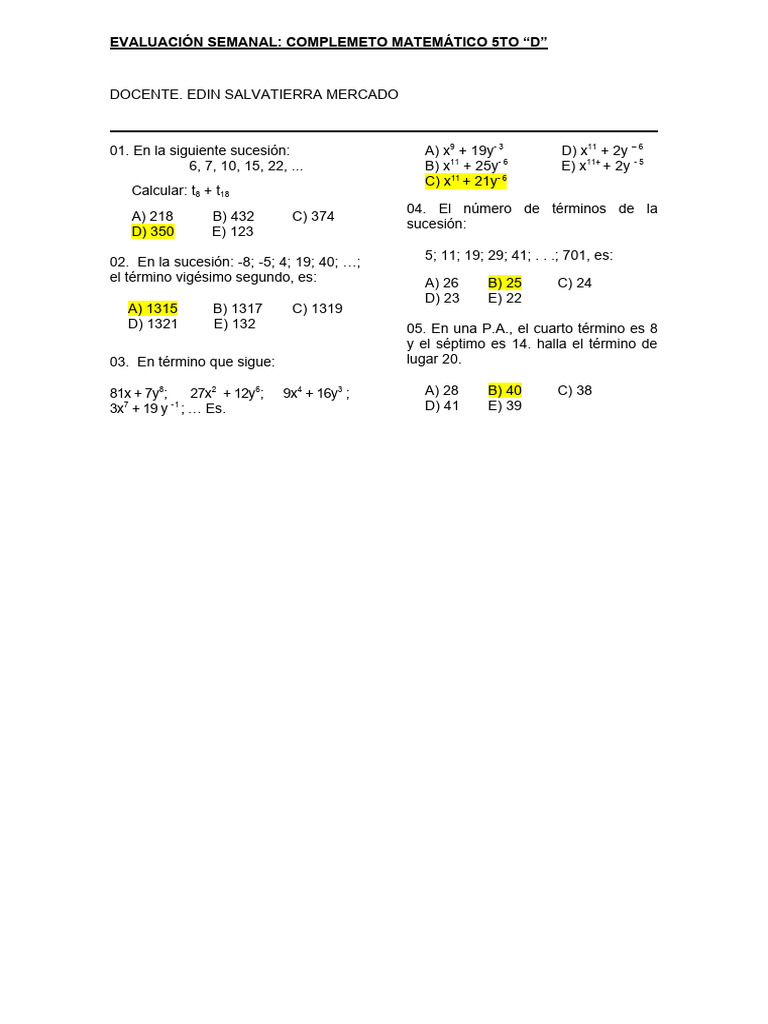 Salvatierra - Semana 04 - Comp - Mate. 5to D | PDF