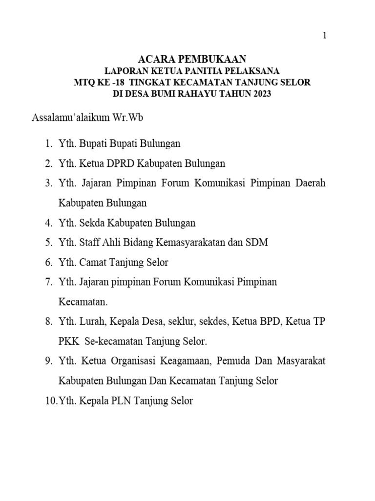 SAMBUTAN PEMBUKAAN MTQ KE 18 Ketua Panitia | PDF