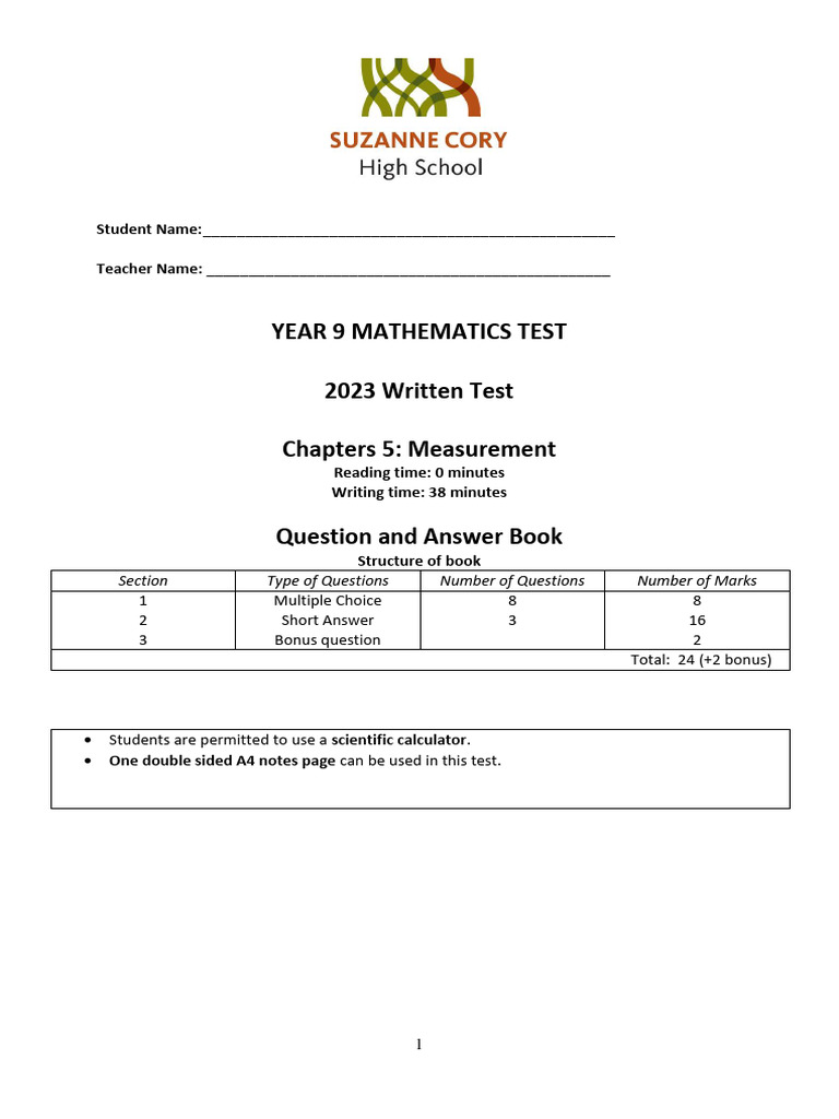 9MAT Measurement Cover Sheet Formula Sheet | PDF