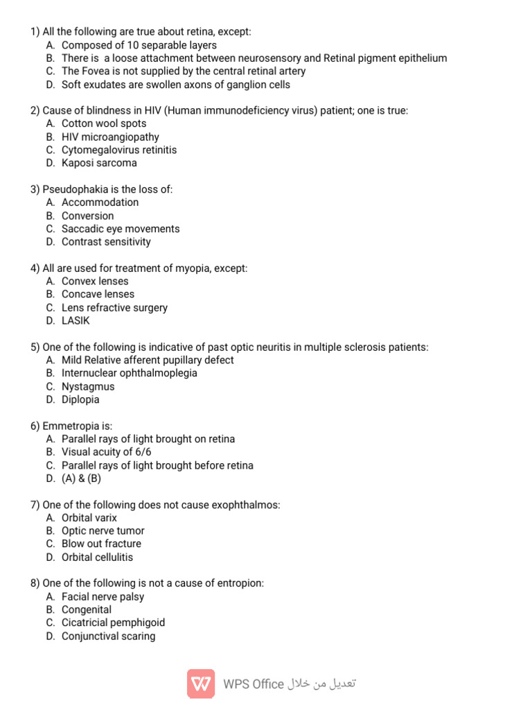 Ophthalmology MCQs and Answers Guide | PDF | Glaucoma | Retina