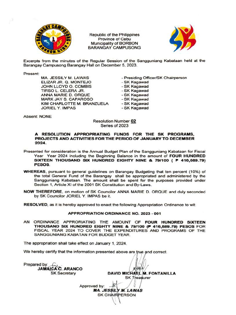 SK Annual Budget 2024. - RESOLUTION | PDF