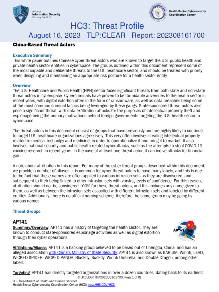 China Based Threat Actor Profiles Tlpclear | PDF | Cyberwarfare | Security