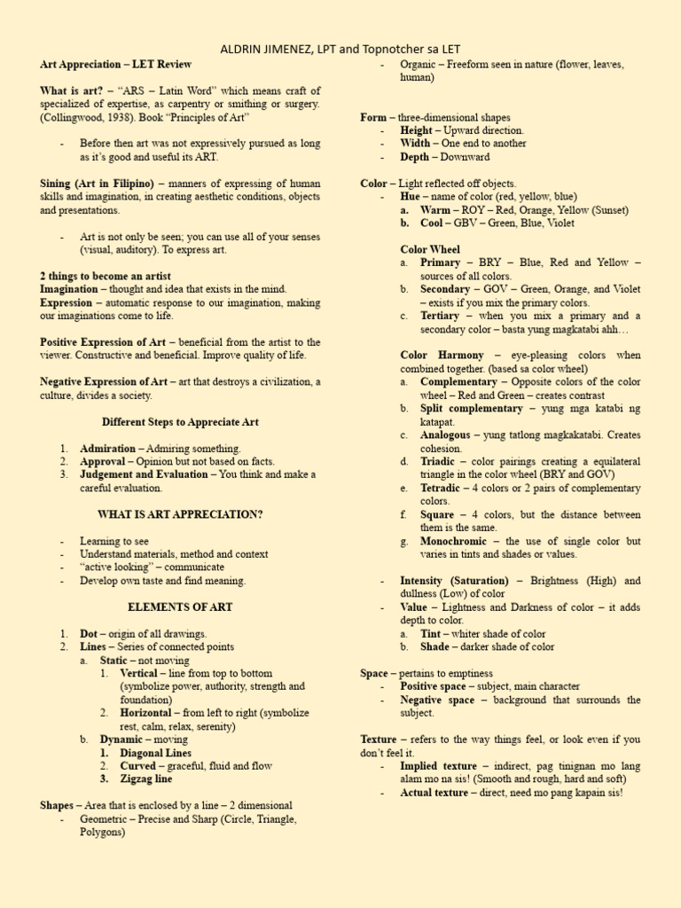 Art Appreciation LET Reviwer | PDF | Tempo | Color
