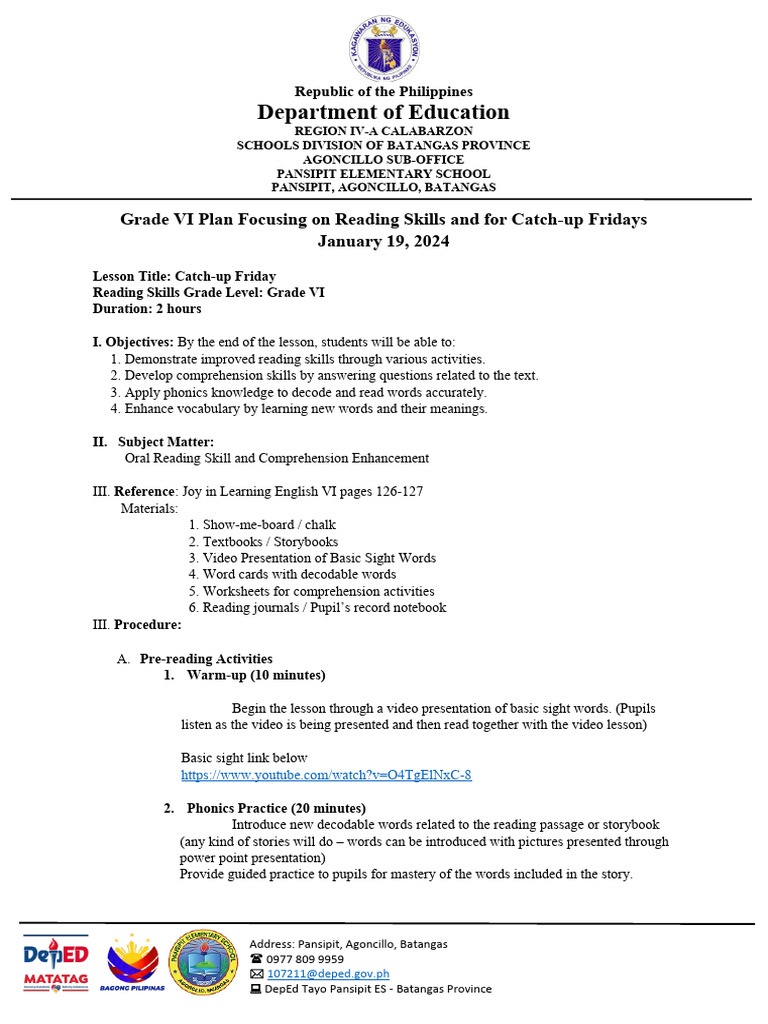 Grade 6 Lesson Plan Catch Up Friday | PDF