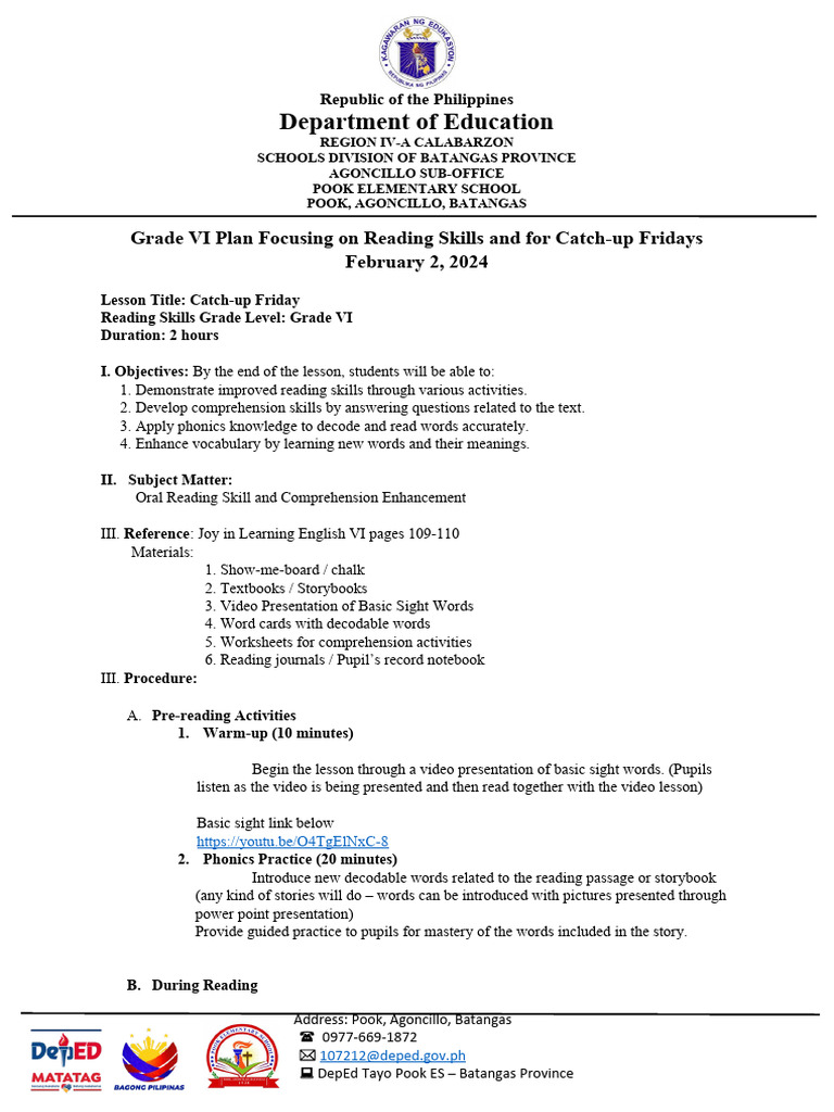 Grade - 6 - Lesson - Plan - Catch - Up - Friday Feb 2, 2024 | PDF