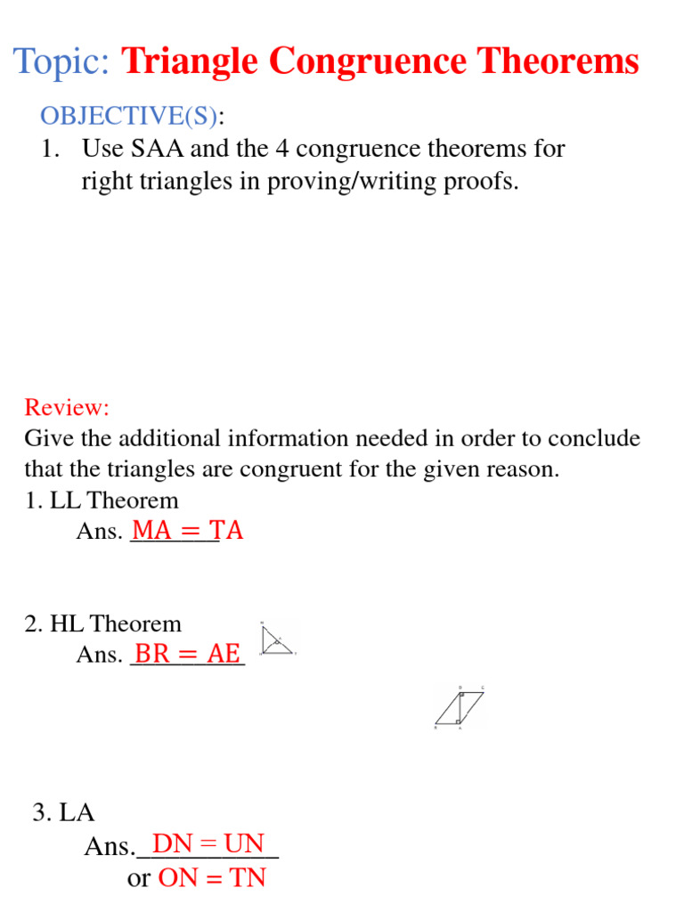 Triangle Congruence Theorems Applications of SAA LLLAHAHL | PDF