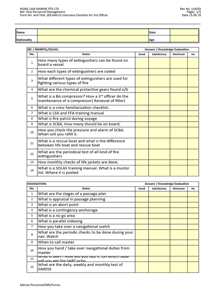 03-04d-O Interview Checklist For 3rd Officer | PDF | Freight Transport | Shipping