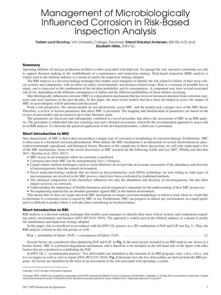 Management of Microbiologically Influenced Corrosion in Risk-Based ...