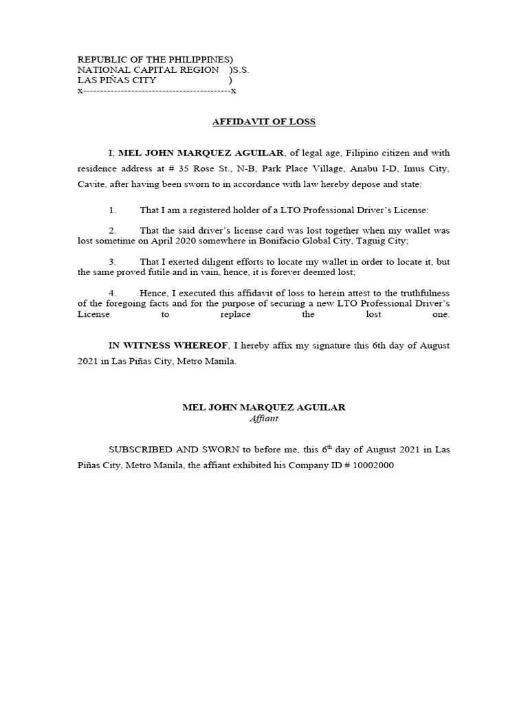 Affidavit of Loss Lto Driver License | PDF