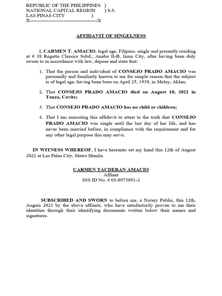 Affidavit For Singleness Carmen Amacio For Consejo Amacio | PDF