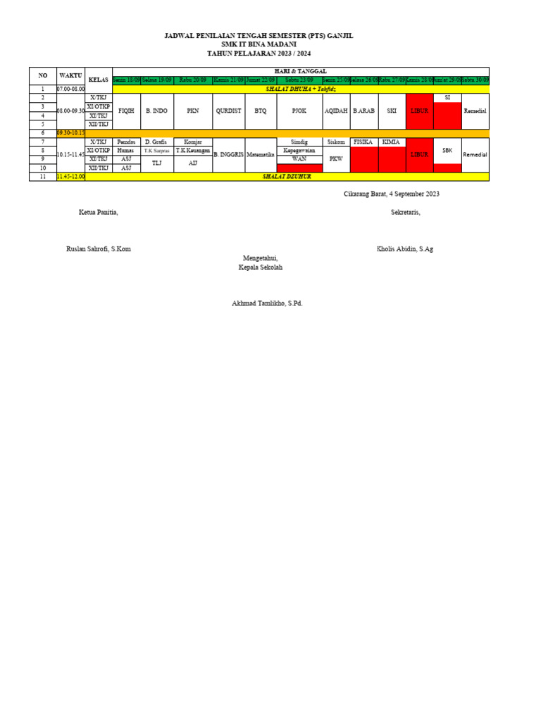 Jadwal Mapel UTS Semi Online 2023 | PDF