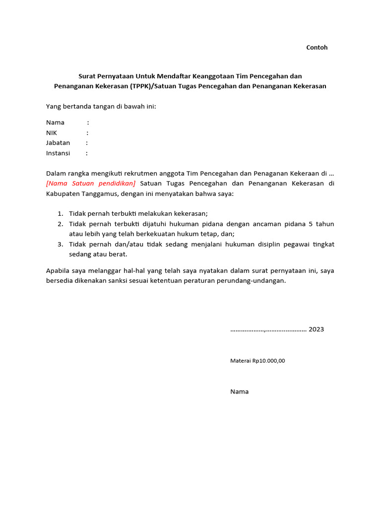 Contoh Surat Pernyataan Penanganan Pencegahan Kekerasan | PDF