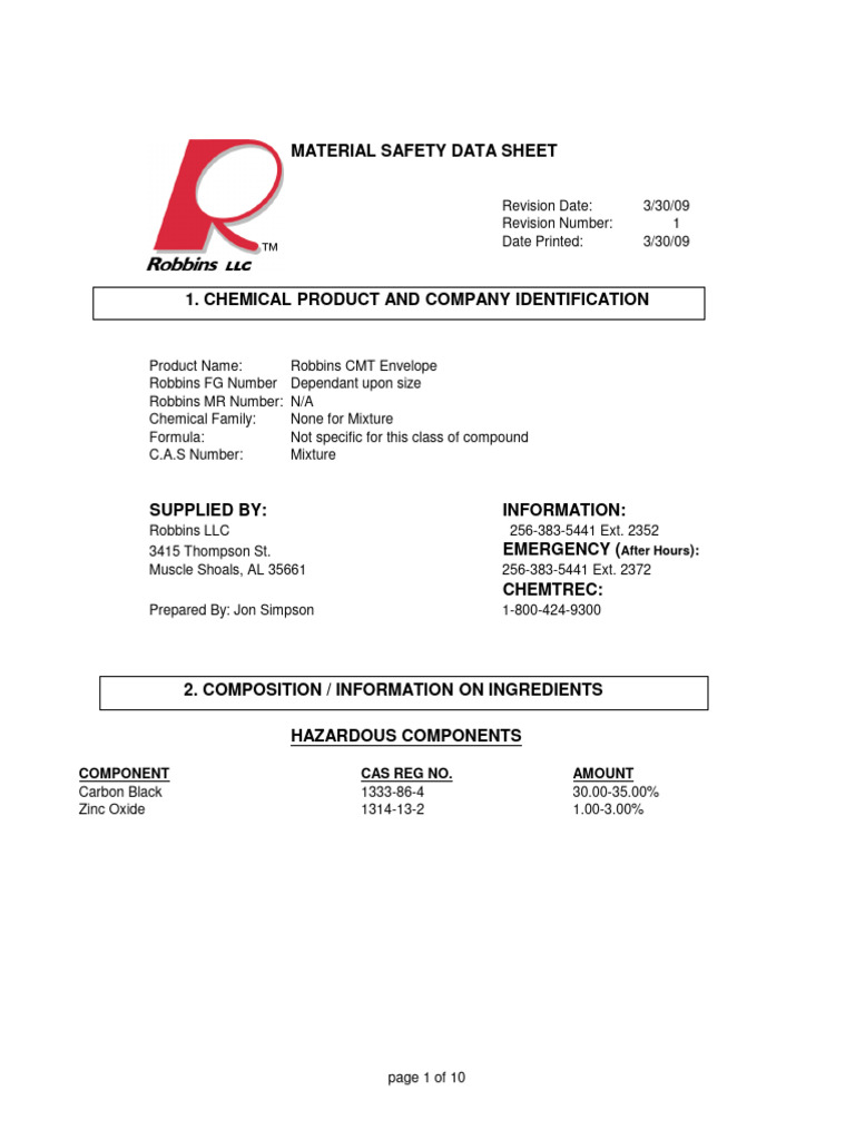 Robbins CMT Envelope Safety Data Sheet | PDF