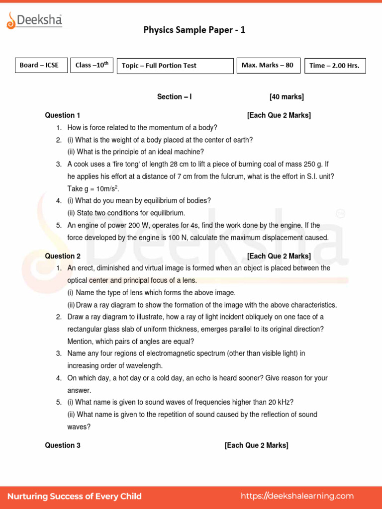 ICSE Class 10 Physics Sample Papers 1 2020 | PDF | Atomic Nucleus ...