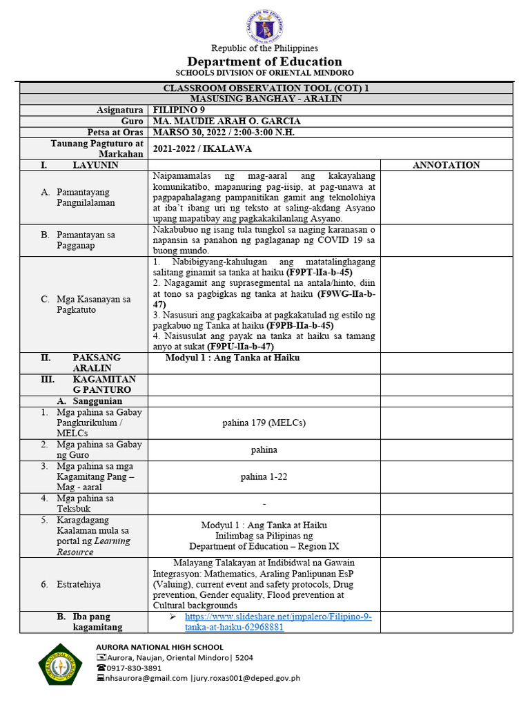 COT 1 2021-2022 Modyul Ang Tanka at Haiku LP | PDF