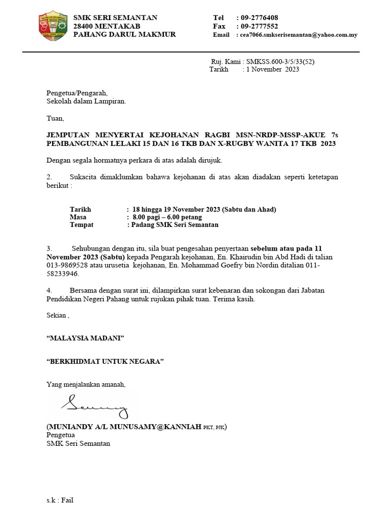 Surat Jemputan NRDP 7s 2023 | PDF