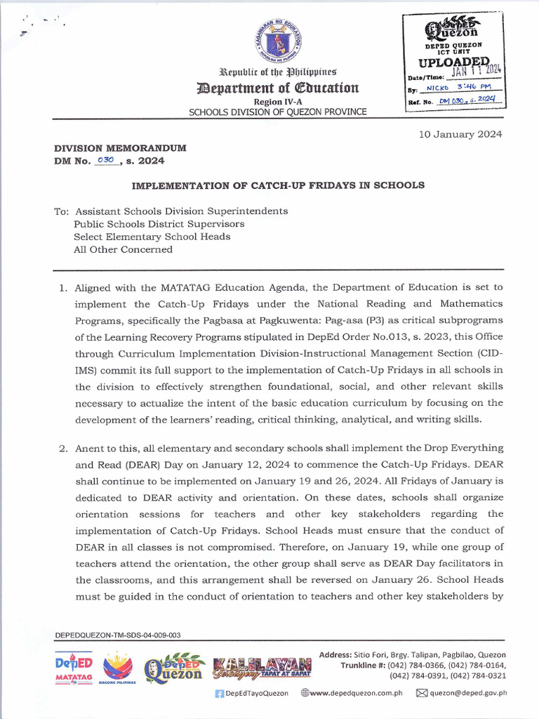 Memo On Catch Up Fridays | PDF