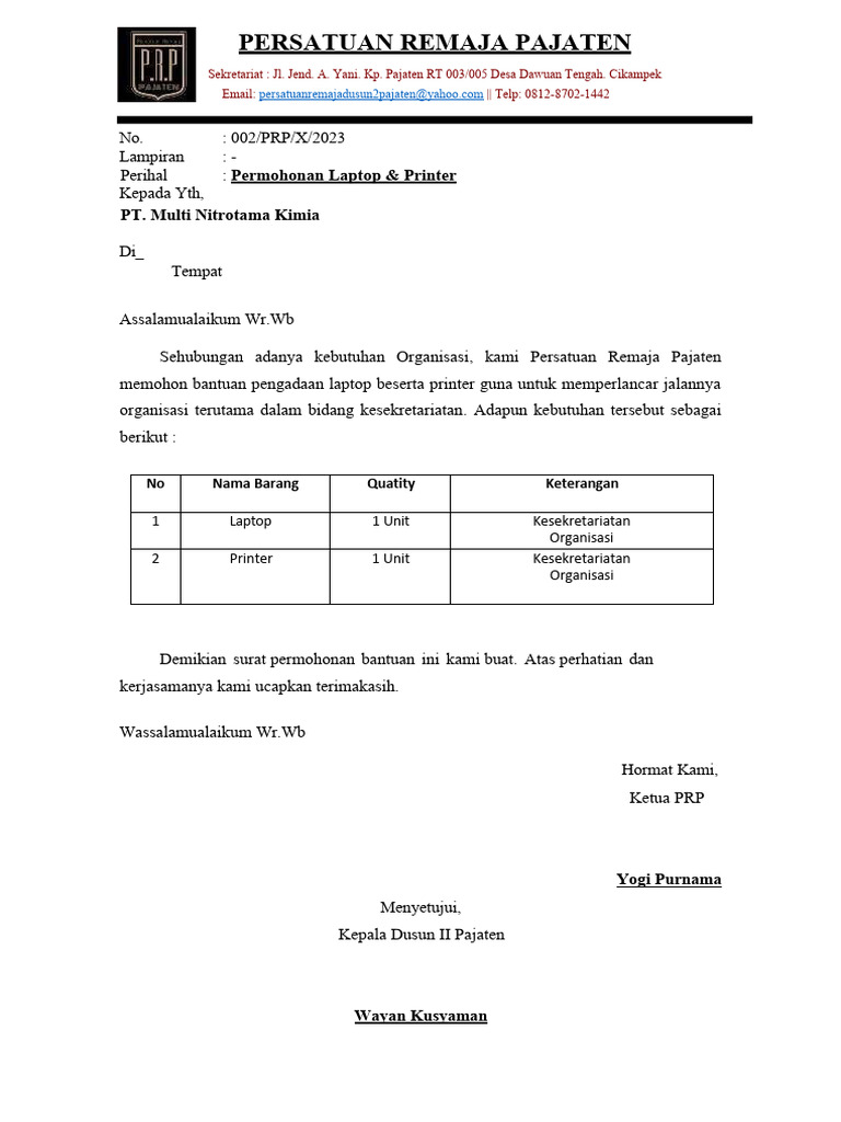 Surat Permohonan Laptop Dan Printer | PDF