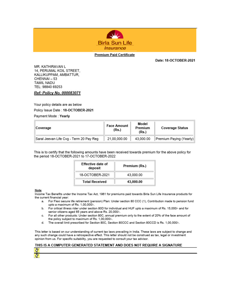 Birla LIC - Bill | PDF