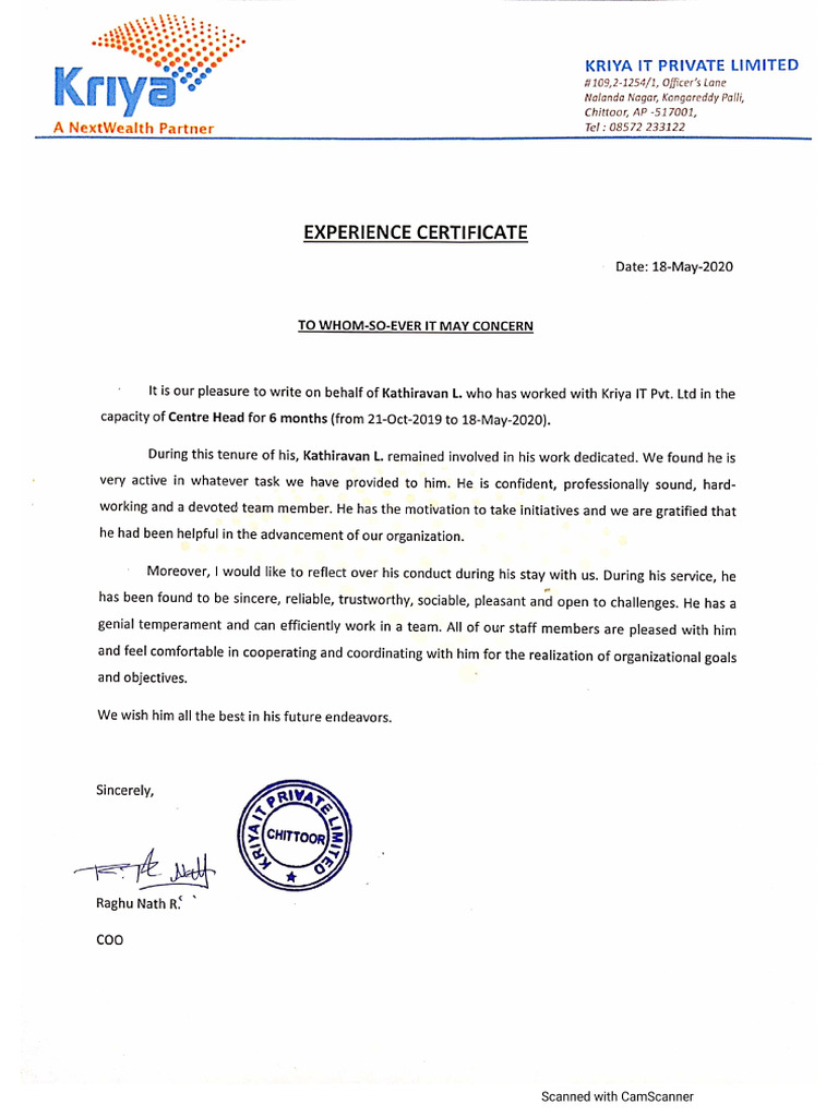 Kriya - Experience Letter (Relieving) | PDF
