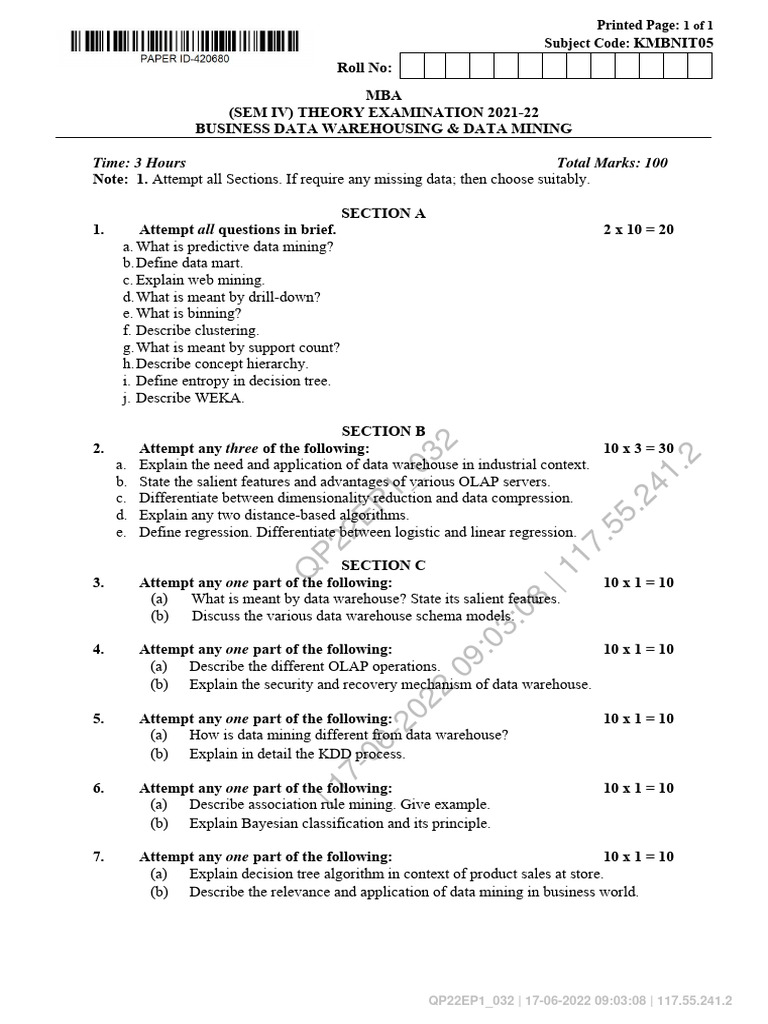 Mba 4 Sem Business Data Warehousing and Data Analytics Kmbnit05 2022 | PDF | Data Warehouse ...
