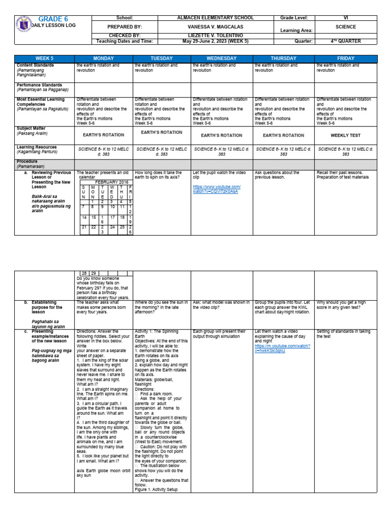 Science Week 5 | PDF | Night | Earth
