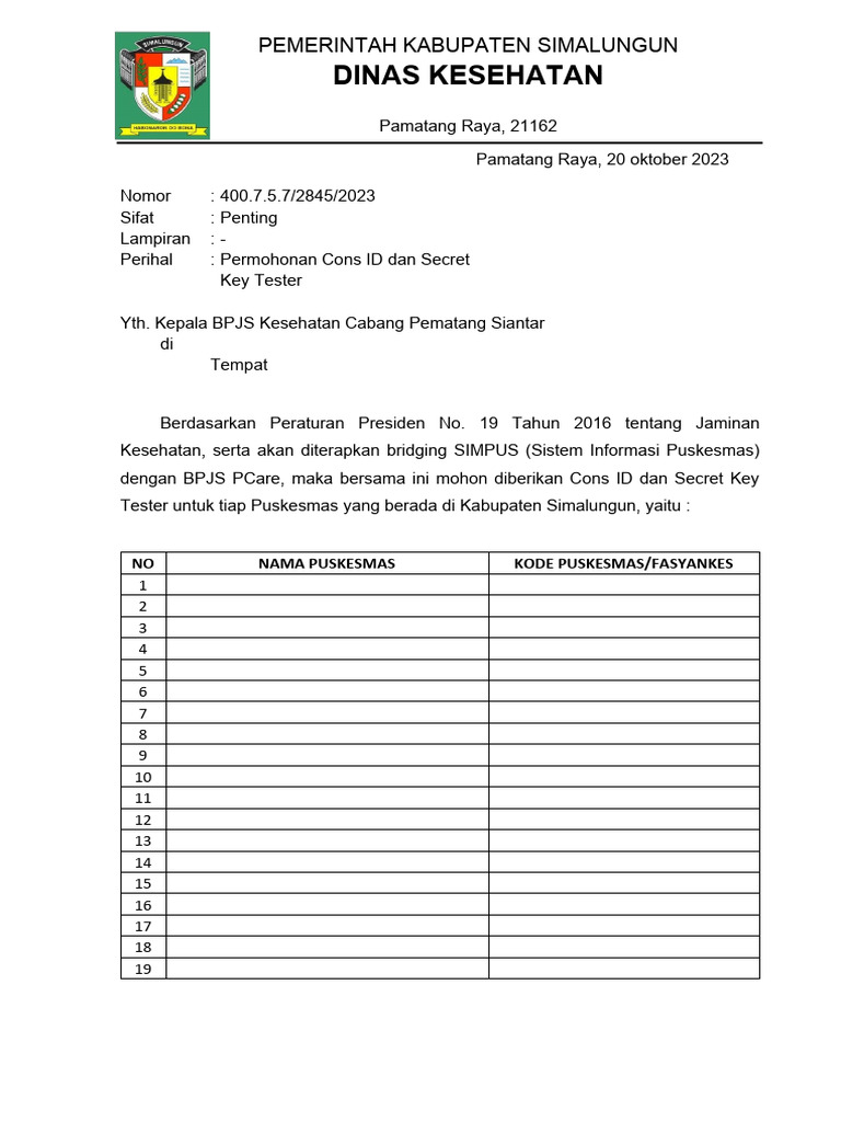 Contoh Surat Permohonan Cons ID Dan Secret Key Tester | PDF