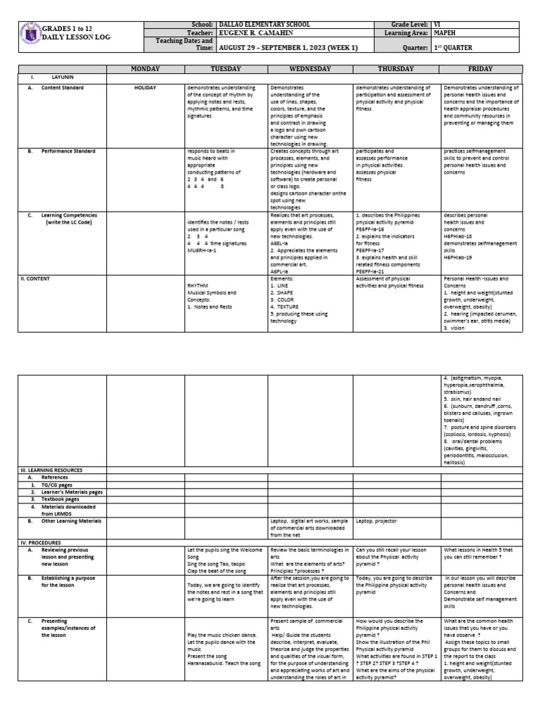 DLL - Mapeh 6 - Q1 - W1 | PDF