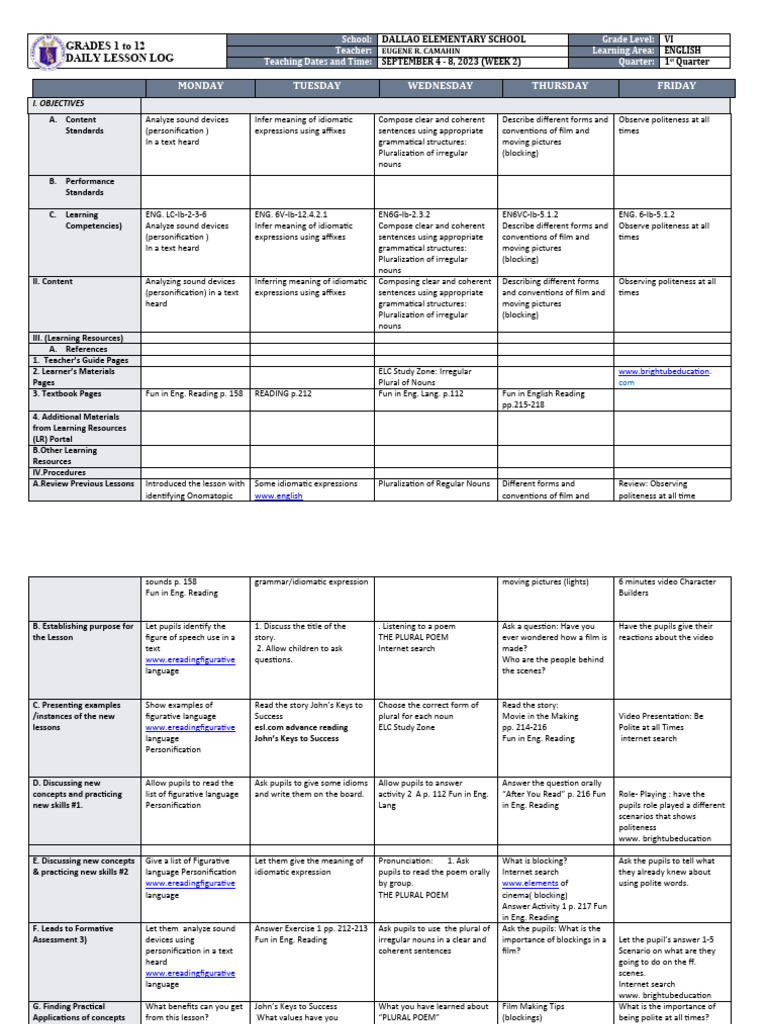 DLL - English 6 - Q1 - W2 | PDF