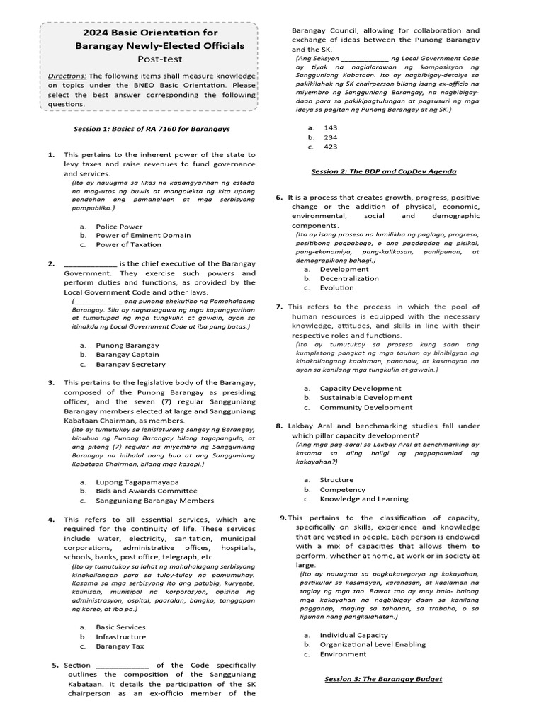(POSTTEST) 2024 BNEO Basic Orientation Pre-Test - NEW | PDF