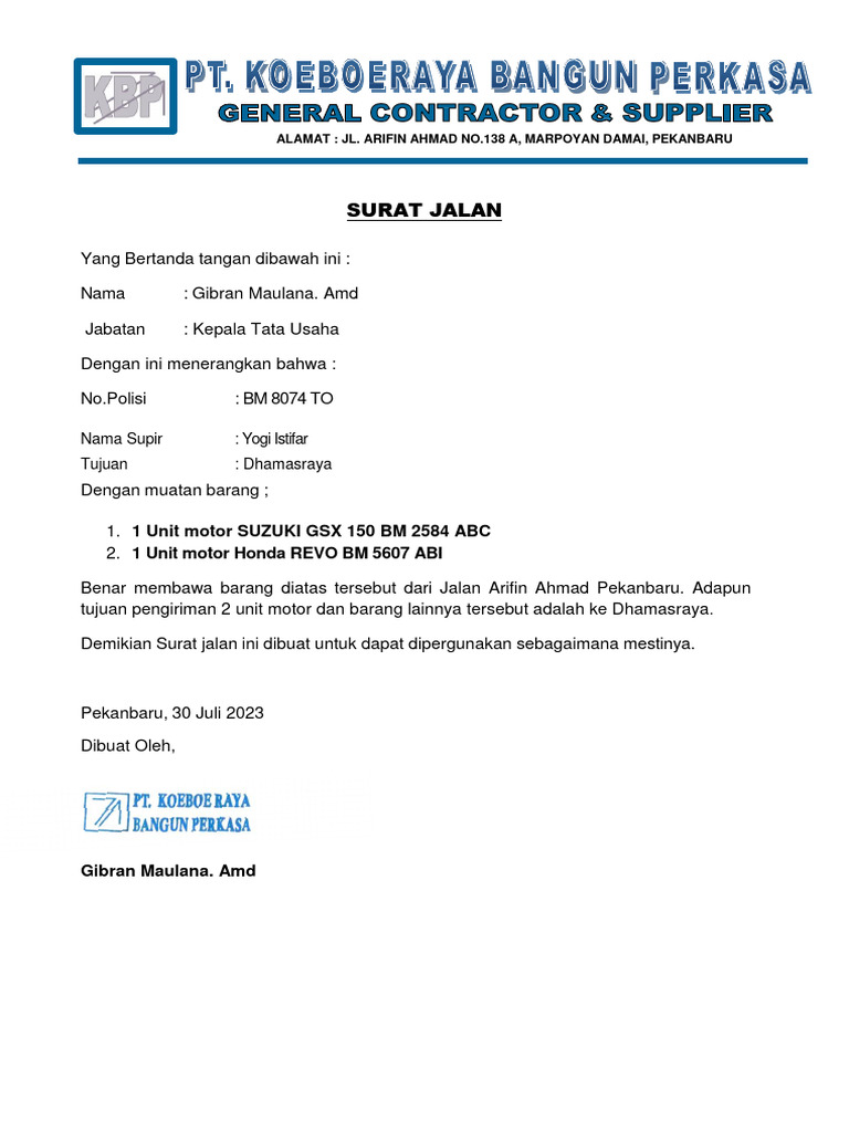 Surat Jalan Alat Berat | PDF