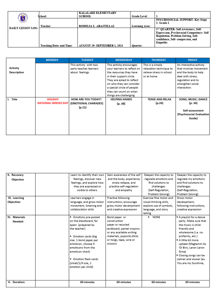 Psychosocial Activities for Grade 1 | PDF