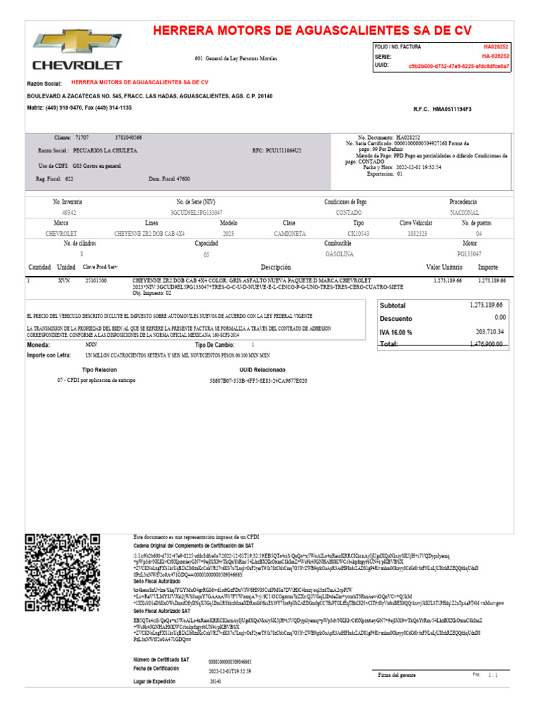 Factura Chevrolet Aguascalientes | PDF | Vehículo de motor | Coche