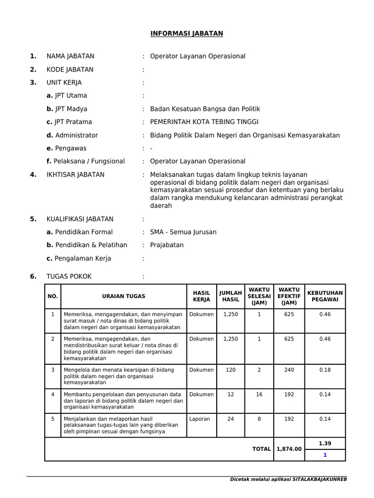 Anjab Operator Layanan Operasional | PDF