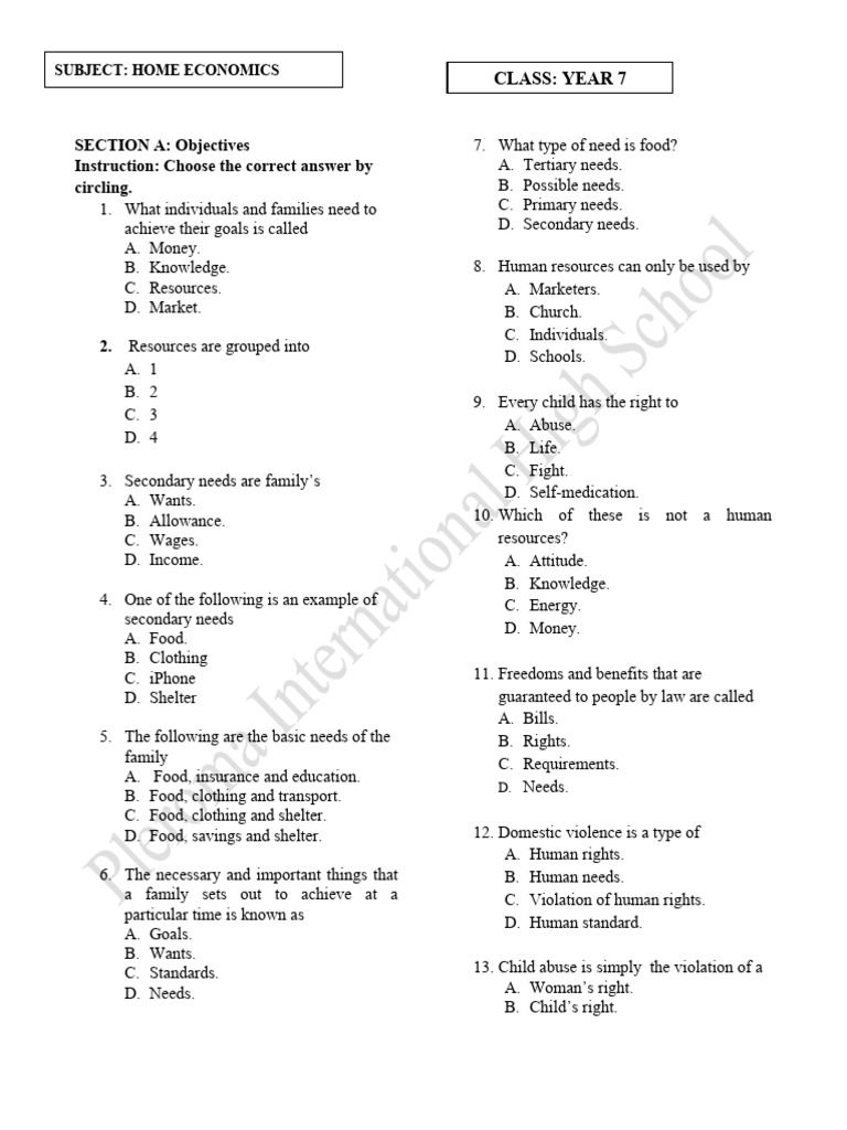 Spring Y7 Homec Exam Questionst | PDF