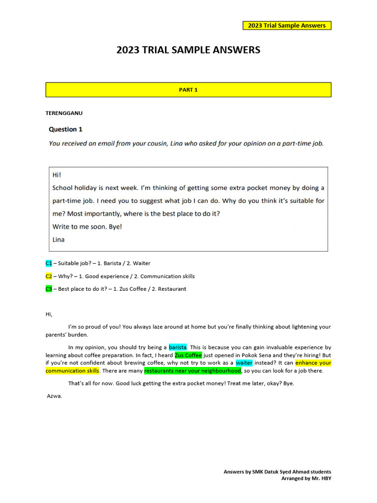 2023 Trial Sample Answers v3 | PDF