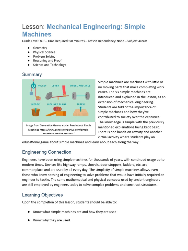 Lesson Mechanical Engineering Simple Machines | PDF
