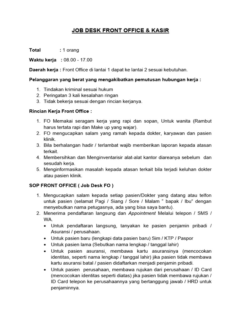 Job Desk Front Office - STWC | PDF
