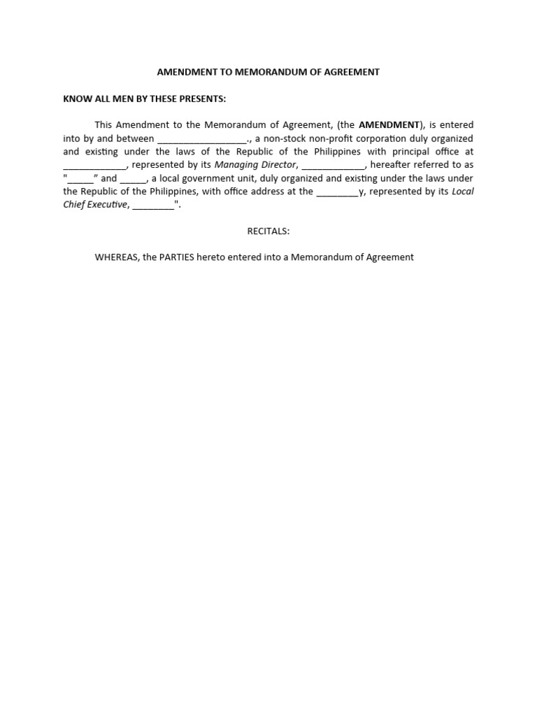 Amendment To Memorandum of Agreement | PDF | Finance & Money Management