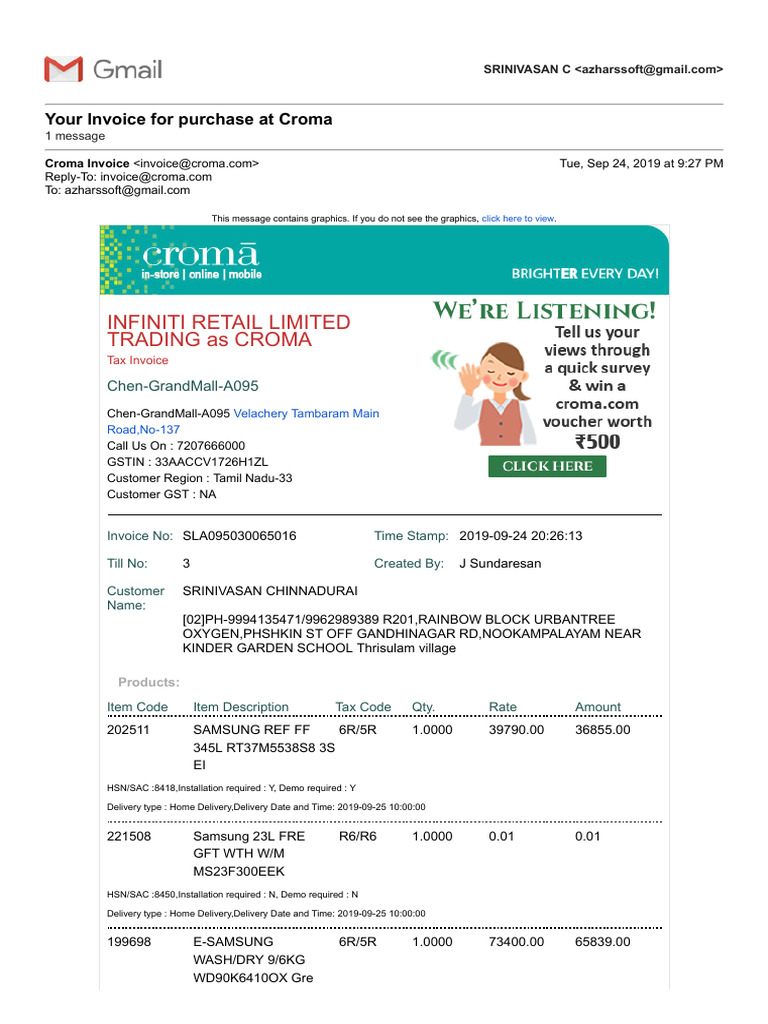Croma Invoice Sep 2019 | PDF
