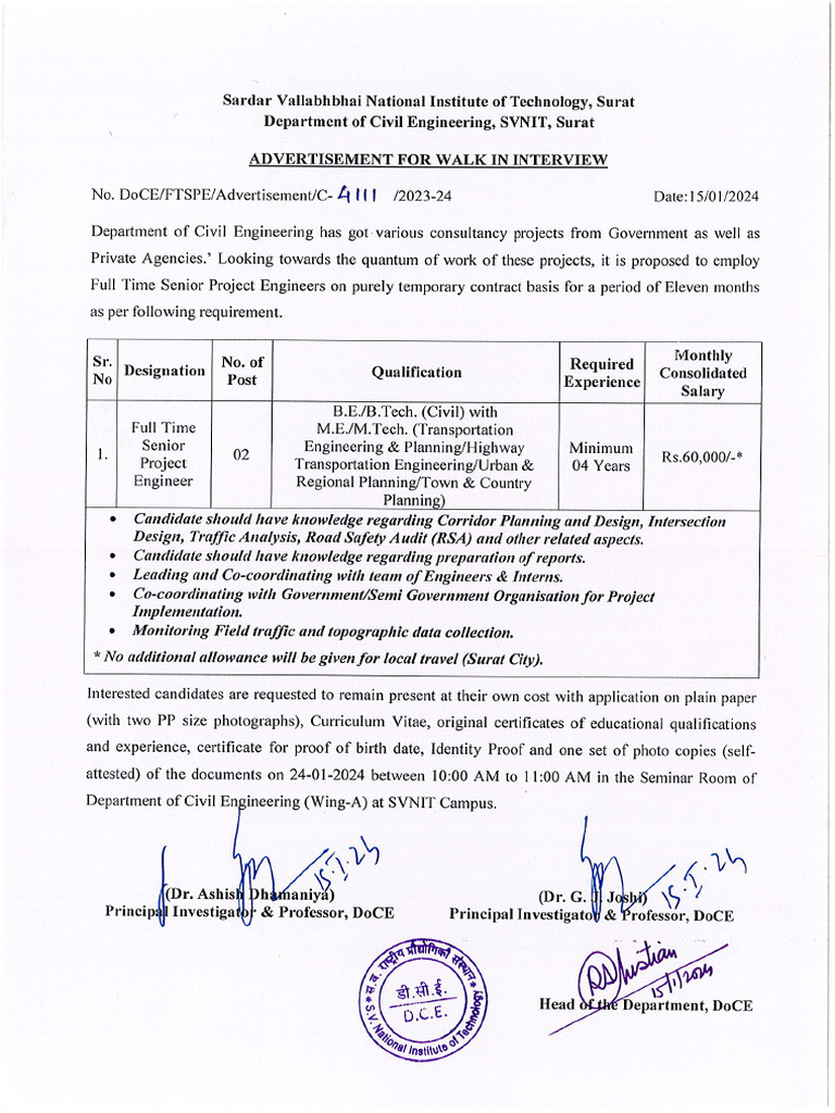 Advertisement For Full Time Project Engineers in The Department of ...