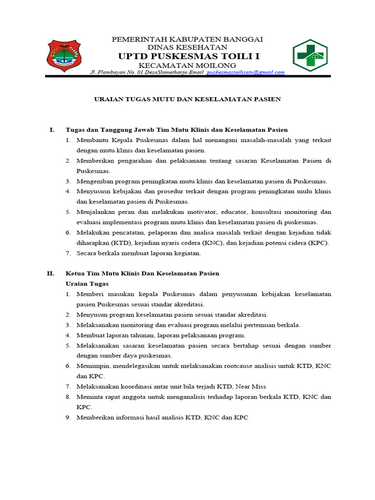 Uraian Tugas Sasaran Keselamatan Pasien | PDF