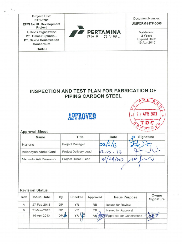 Inspection and Test Plan for Fabrication of Piping Carbon Steel | PDF