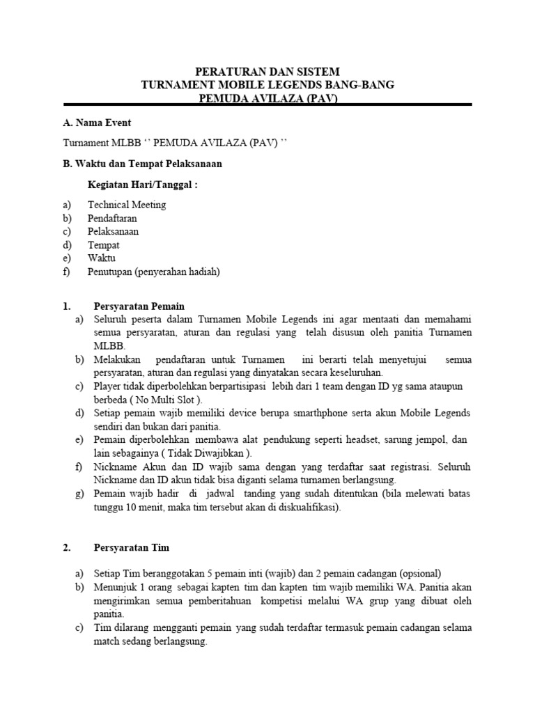 Aturan Turnamen MLBB PAV | PDF | Olahraga & Rekreasi | Game & Aktivitas