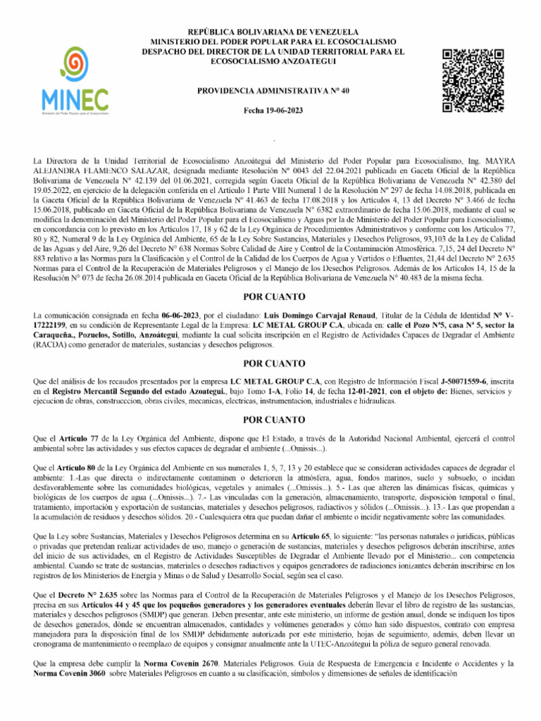 Inscripción de LC Metal Group en RACDA | PDF