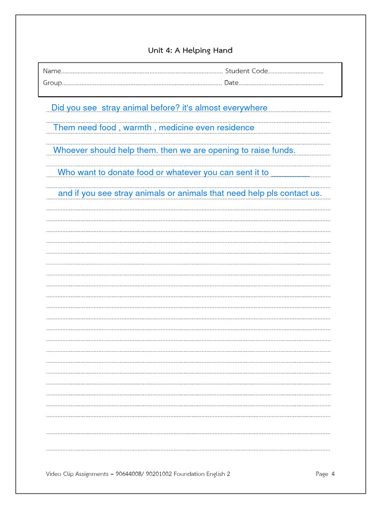 FE2 Worksheet Unit 4 A Helping Hand | PDF | Wellness