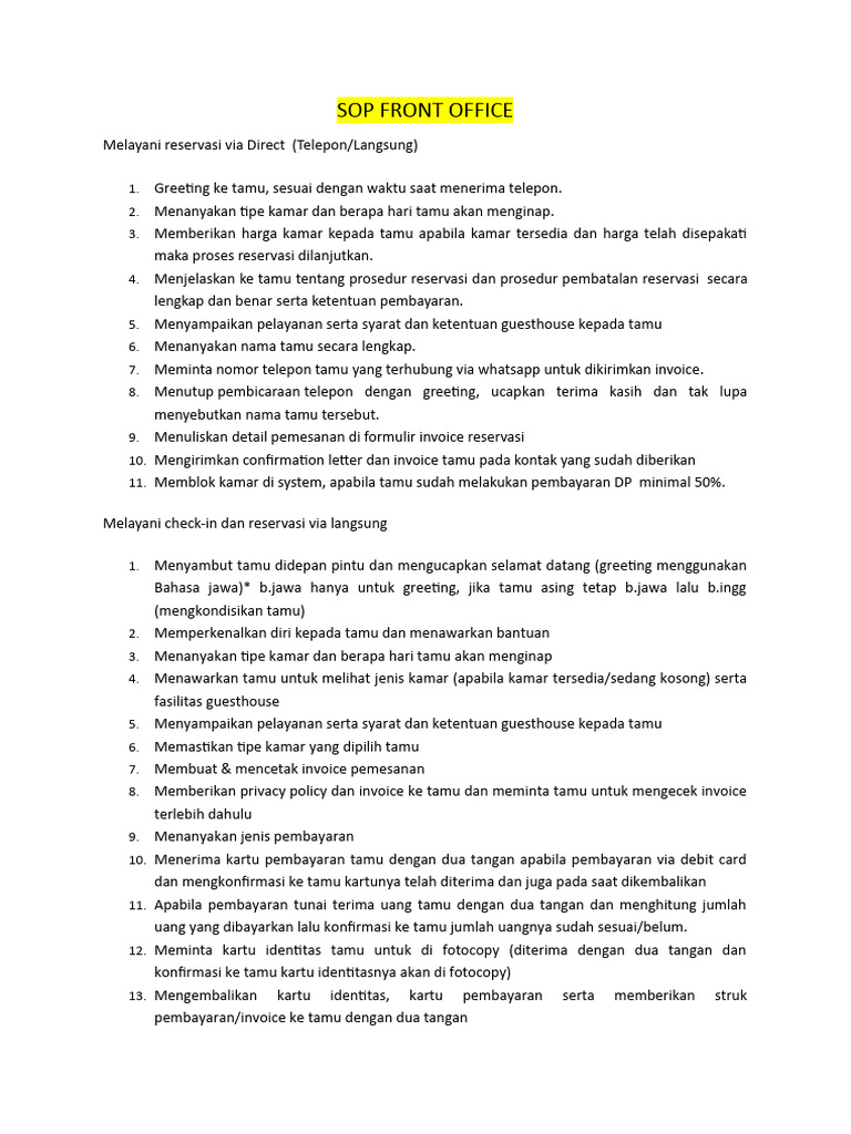 Sop Front Office | PDF