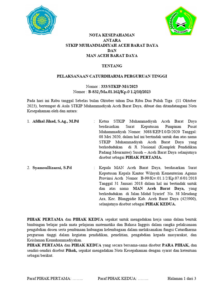 DRAFT - Nota Kesepahaman | PDF