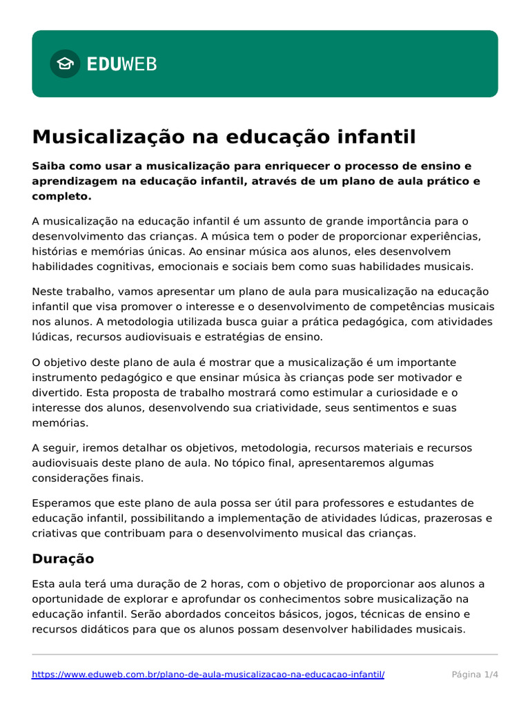 Plano De Aula Musicalizacao Na Educacao Infantil Pdf